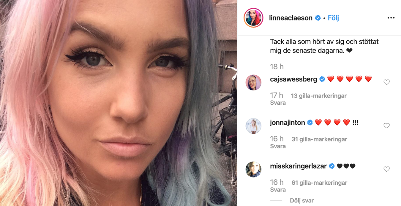 Mia Skäringer visar sitt stöd för Linnéa Claeson efter skandalen